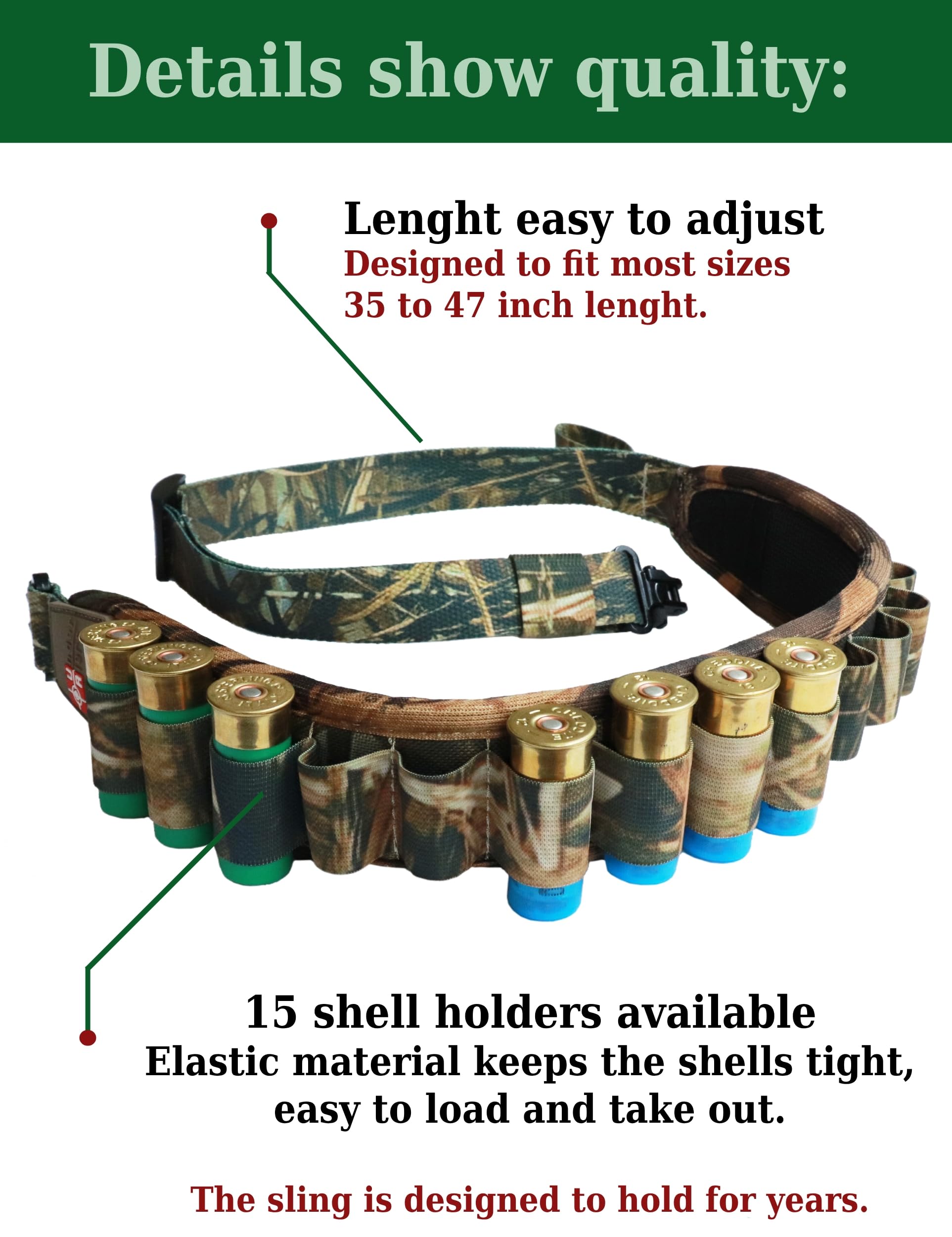 Underalert Shotgun Sling 12 Gauge with 15 Shell Holders, Adjustable Gun Sling with Thumb Loop and Built-in Swivels, 12ga Shotgun Strap for Hunting Turkeys, 2 Point Shot Gun Bandolier (Waterfowl Camo)