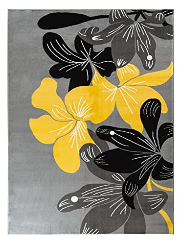 Rug and Decor Contempo 1000 Yellow Grey Black White Floral Bloom Abstract Area Rug Carpet Alfombra for Living Room Bed Room (5' x 7' Area Rug)