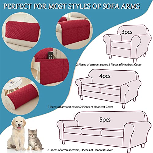 EXTLEZSA Water Proof Sofa Armrest Cover, 1/2/3 Seater Sofa Headrest Slipcovers with Pocket Nonslip Armchair Cover Quilted Furniture Protector for Recliner Leather Sofa Couch (Red,2 Seat 4 pc)
