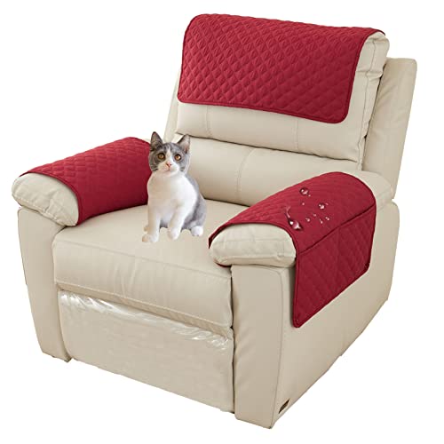 EXTLEZSA Water Proof Sofa Armrest Cover, 1/2/3 Seater Sofa Headrest Slipcovers with Pocket Nonslip Armchair Cover Quilted Furniture Protector for Recliner Leather Sofa Couch (Red,2 Seat 4 pc)