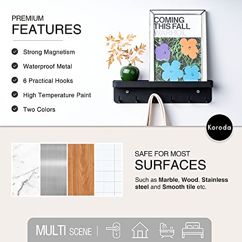 koroda Magnetic Key Holder for Wall: Self Adhesive Key Rack with Small Shelf and 6 Metal Hooks - Wall Mount Mail Organizer with Hanger for Door Entryway Hallway and Office ( Modern Black )