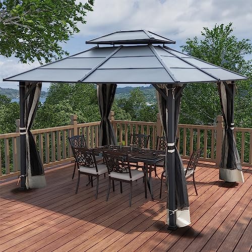 MONDAWE 10x12Ft Hardtop Gazebo Double Roof Permanent Gazebo Steel Frame Canopy Outdoor Pavilion Heavy Duty for Patio Lawn Garden with Curtains and Netting,Black