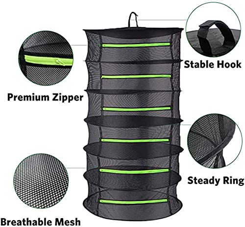Shencai Herb Drying Net Rack,4 or 6 Layers Mesh Hanging Plant Dry Net for Drying Beans, Herbs, Food, Plants, Petals /Green Zippers Hydroponics,Bonus Hook (6 Layers)