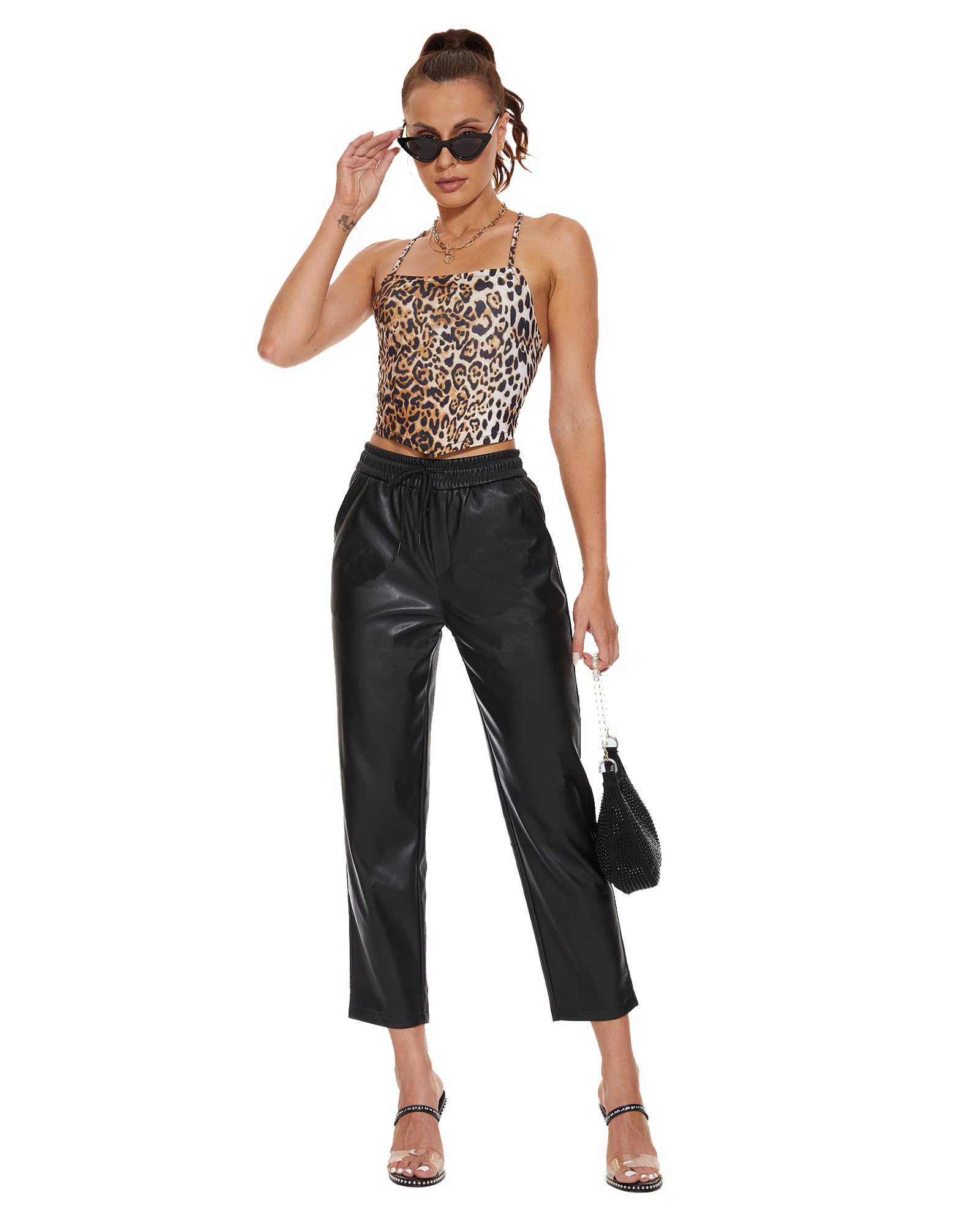 Ginasy Faux Leather Pants for Women High Waist Pleather Jogger Pants Straight Leg Trousers with Pockets Black