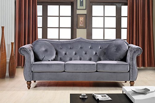 US Pride Furniture Anna Collection Modern Chesterfield Velvet Upholstered Sofa for Living Room with Elegant Rolled Arms, Solid Wood Frame & Accent Throw Pillows, Couch, Ash Grey