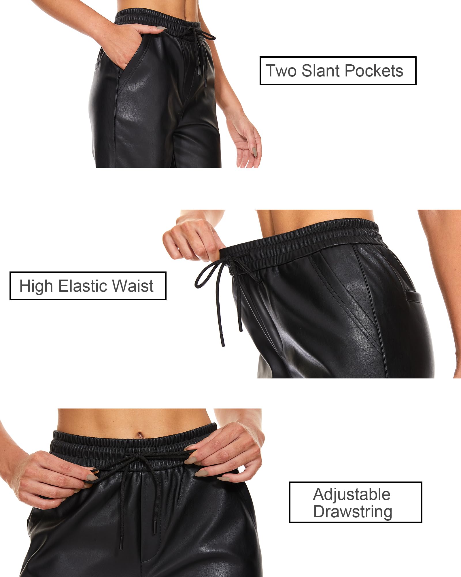 Ginasy Faux Leather Pants for Women High Waist Pleather Jogger Pants Straight Leg Trousers with Pockets Black