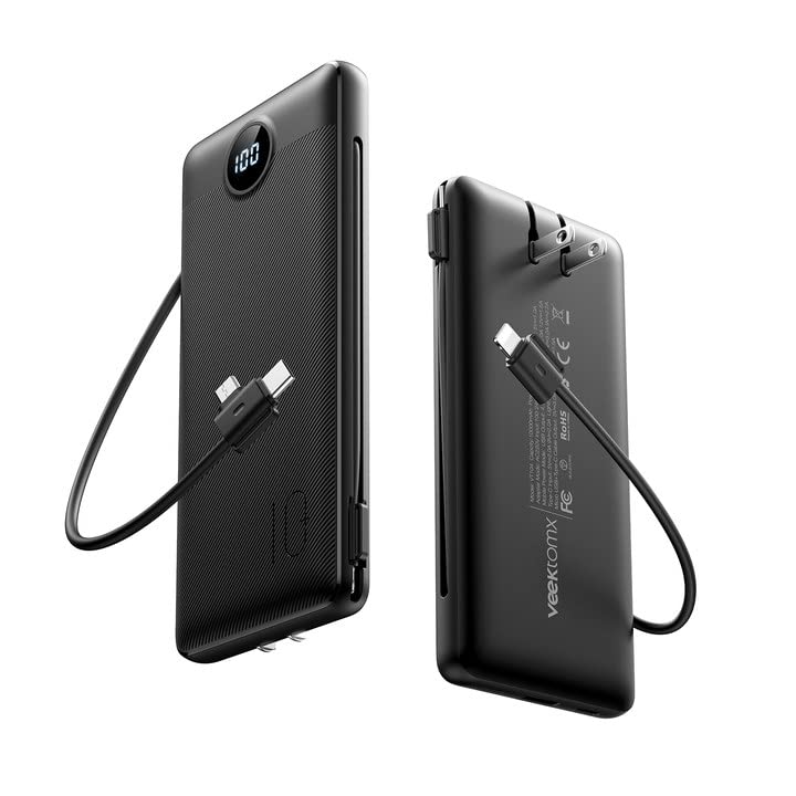 Power Bank with Built in Cables 10000mAh, PD3.0 & QC3.0 22.5W USB C Fast Charging Portable Charger Built in AC Wall Plug, Ultra Slim Battery Charger Compatible with iPhone/Samsung Note10/S20 S21 S22