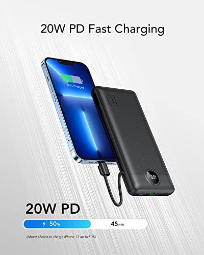 Power Bank with Built in Cables 10000mAh, PD3.0 & QC3.0 22.5W USB C Fast Charging Portable Charger Built in AC Wall Plug, Ultra Slim Battery Charger Compatible with iPhone/Samsung Note10/S20 S21 S22