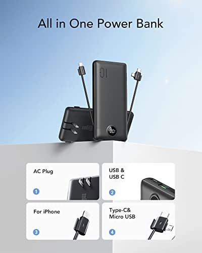 Power Bank with Built in Cables 10000mAh, PD3.0 & QC3.0 22.5W USB C Fast Charging Portable Charger Built in AC Wall Plug, Ultra Slim Battery Charger Compatible with iPhone/Samsung Note10/S20 S21 S22