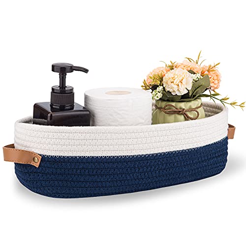 Oradrem Toilet Basket,Woven Storage Basket for Toilet Tank Top Farmhouse Home Decor Organizing Baskets 13"x5.9"x4" Navy Stitching White