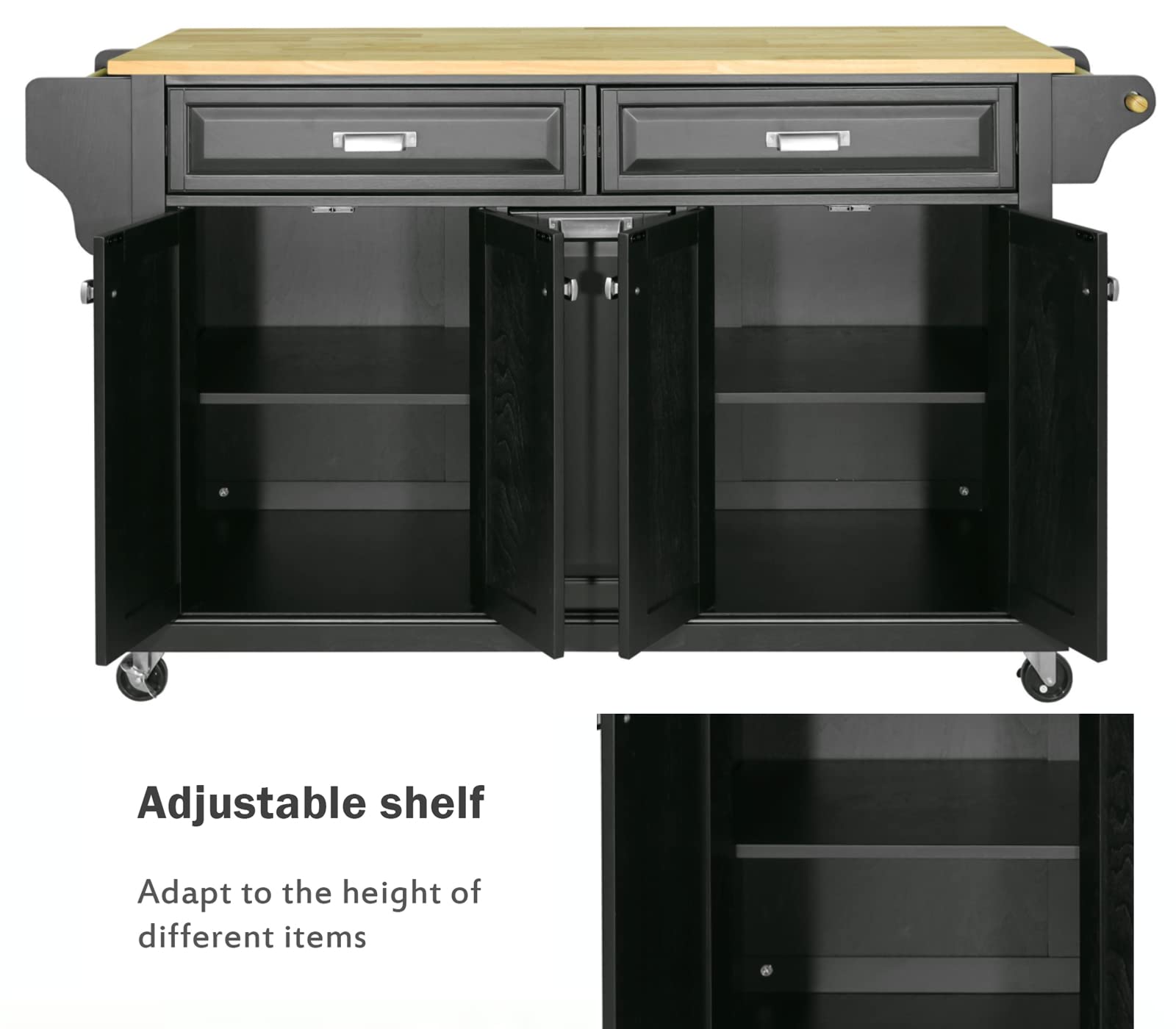 YWUFUART Solid Wood Kitchen Trolley with Storage Cabinet, Rolling Mobile Kitchen Island with Seasoning Rack and Towel Rack for Kitchen (Black)