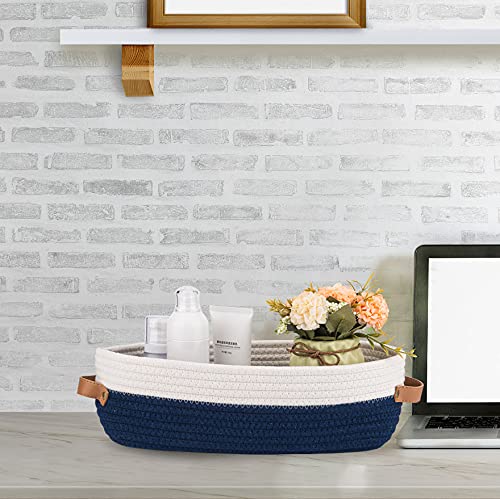 Oradrem Toilet Basket,Woven Storage Basket for Toilet Tank Top Farmhouse Home Decor Organizing Baskets 13"x5.9"x4" Navy Stitching White