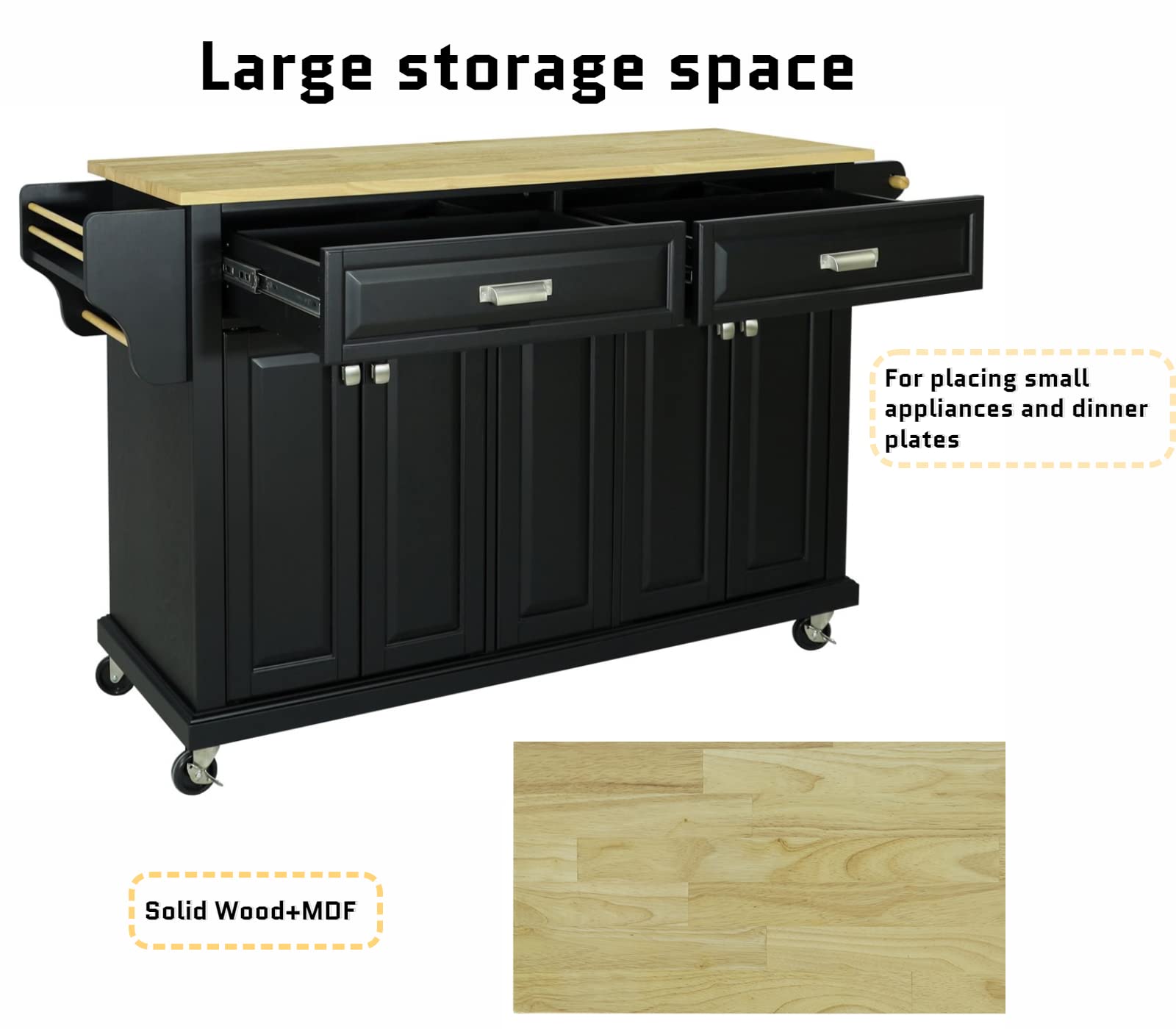 YWUFUART Solid Wood Kitchen Trolley with Storage Cabinet, Rolling Mobile Kitchen Island with Seasoning Rack and Towel Rack for Kitchen (Black)