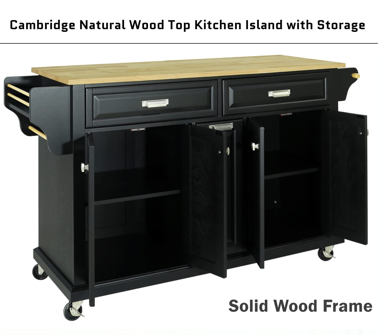 YWUFUART Solid Wood Kitchen Trolley with Storage Cabinet, Rolling Mobile Kitchen Island with Seasoning Rack and Towel Rack for Kitchen (Black)