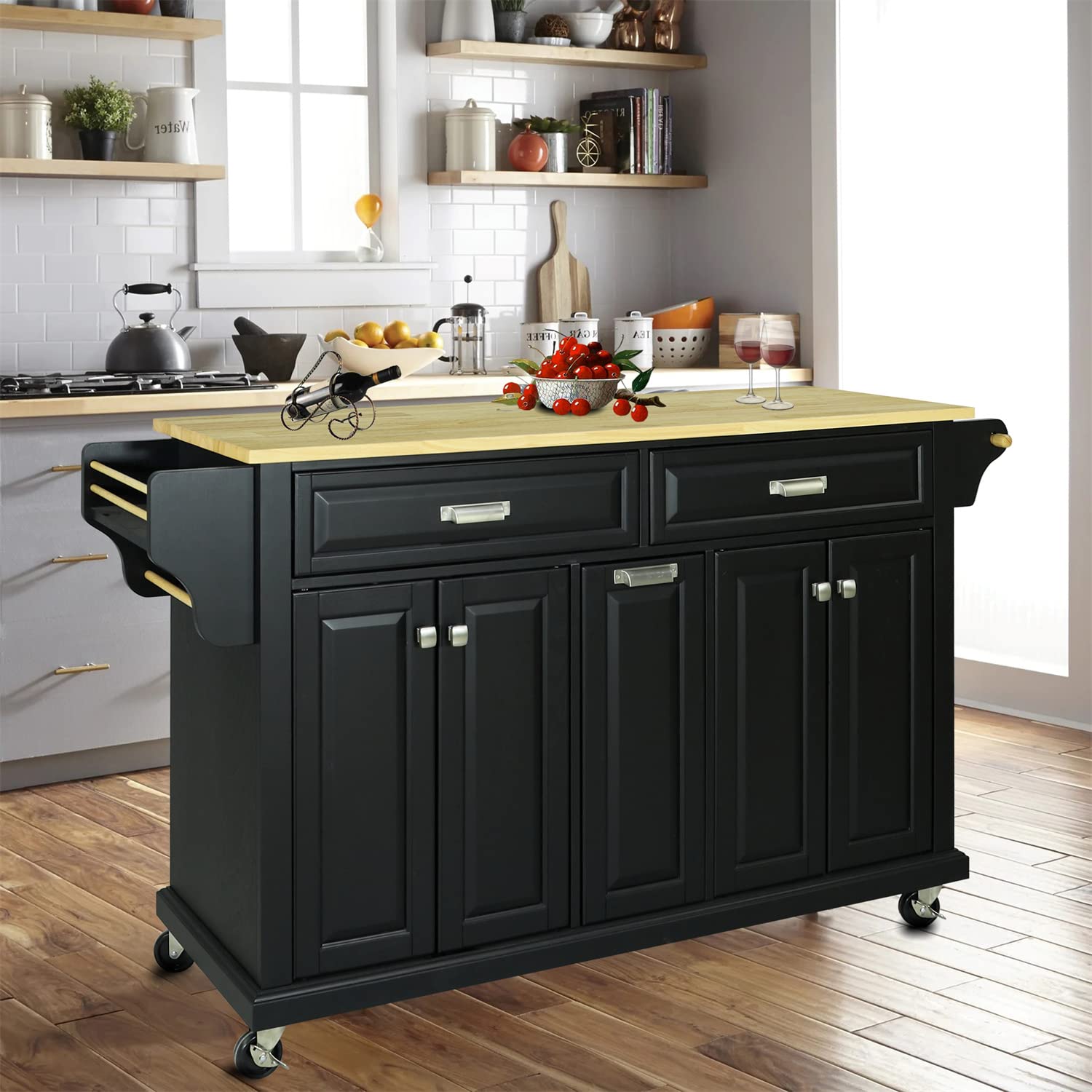 YWUFUART Solid Wood Kitchen Trolley with Storage Cabinet, Rolling Mobile Kitchen Island with Seasoning Rack and Towel Rack for Kitchen (Black)