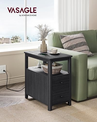 VASAGLE Side Table with Charging Station, Narrow Nightstand with 2 Drawers, Living Room End Table with Storage, for Small Spaces, Coastal Style, Charcoal Gray ULET322B22