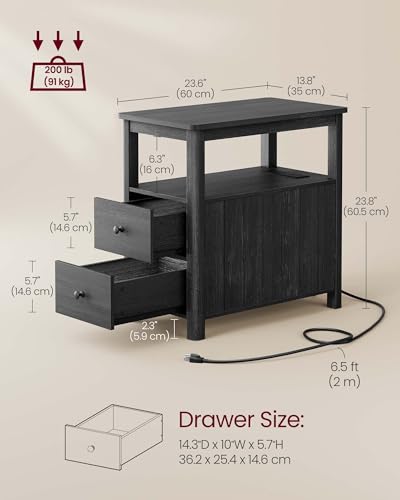 VASAGLE Side Table with Charging Station, Narrow Nightstand with 2 Drawers, Living Room End Table with Storage, for Small Spaces, Coastal Style, Charcoal Gray ULET322B22