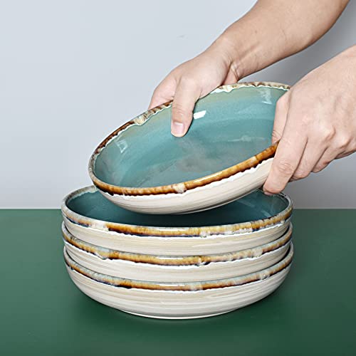 Bosmarlin Stoneware Large Pasta Bowls, 40 Oz, Set of 4, Big Salad Bowls, Microwave and Dishwasher Safe (Turquoise Green, 9.3 in)