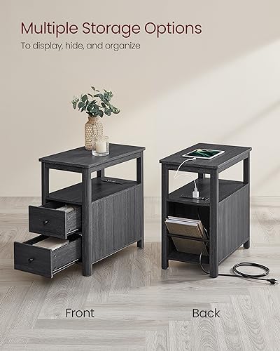 VASAGLE Side Table with Charging Station, Narrow Nightstand with 2 Drawers, Living Room End Table with Storage, for Small Spaces, Coastal Style, Charcoal Gray ULET322B22