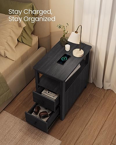 VASAGLE Side Table with Charging Station, Narrow Nightstand with 2 Drawers, Living Room End Table with Storage, for Small Spaces, Coastal Style, Charcoal Gray ULET322B22
