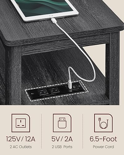 VASAGLE Side Table with Charging Station, Narrow Nightstand with 2 Drawers, Living Room End Table with Storage, for Small Spaces, Coastal Style, Charcoal Gray ULET322B22