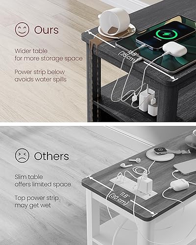 VASAGLE Side Table with Charging Station, Narrow Nightstand with 2 Drawers, Living Room End Table with Storage, for Small Spaces, Coastal Style, Charcoal Gray ULET322B22
