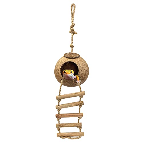 Gecko Coconut Hide Habitat Crested Gecko Cage Accessories Leopard Gecko Climbing Hide Cave Reptile Lizard Ladder Bird Nesting House Hideouts Cave Habitat for Gecko, Reptiles, Lizards, Amphibians