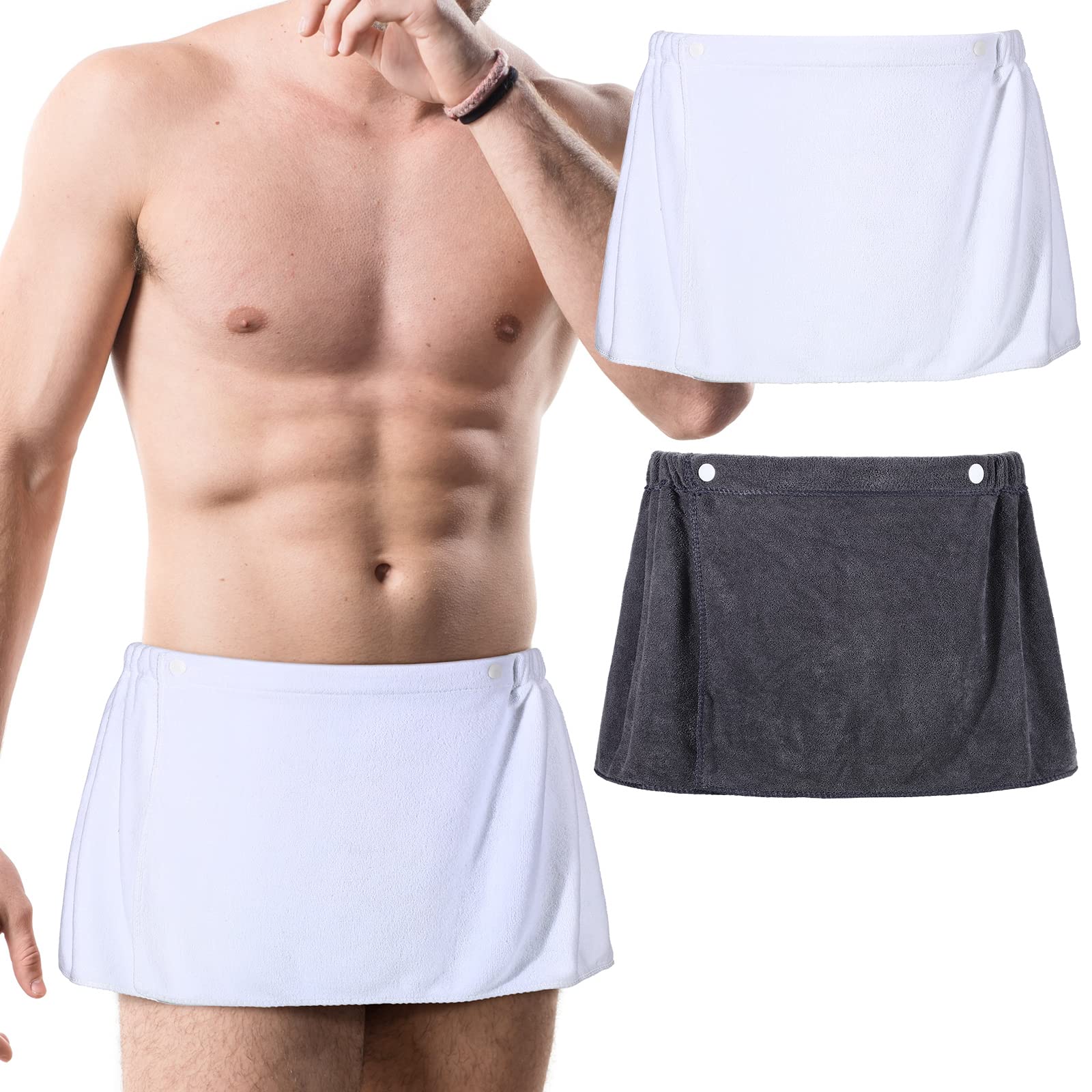 Preboun 2 Pack Men's Bath Wrap Towel Shower Wrap Towel Adjustable Terry Body Spa Towels with Pocket After Shower for Men Gift Spa College Bath Dorm Room Gym (Grey,White)