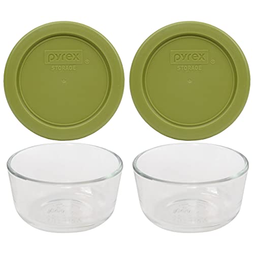 Pyrex (2 7202 Glass Bowls & (2) 7202-PC Olive Green Lids