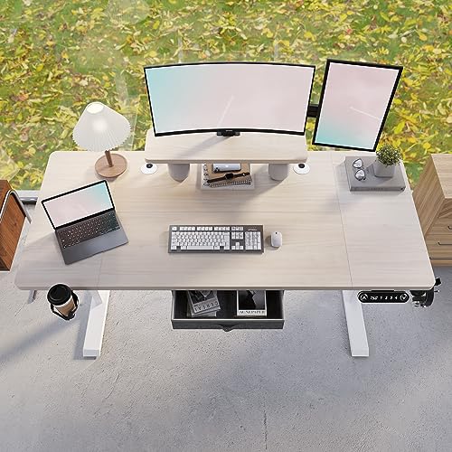 BUNOEM Height Adjustable Electric Standing Desk with One Drawer, Table with Storage Shelf, Sit & Stand Home Office Desk with Storage Space (Oak, 63x30)