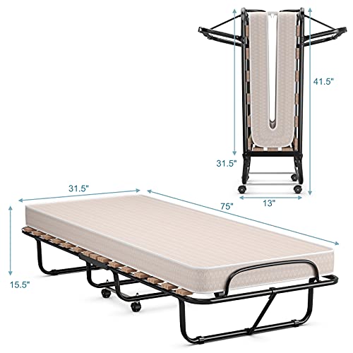 BestComfort Rollaway Bed with Mattress for Adults, Folding Guest Bed with Memory Foam Mattress, Portable Bed Rolling Cot Steel Frame Fold up Bed with Casters for Home Office, Made in Italy