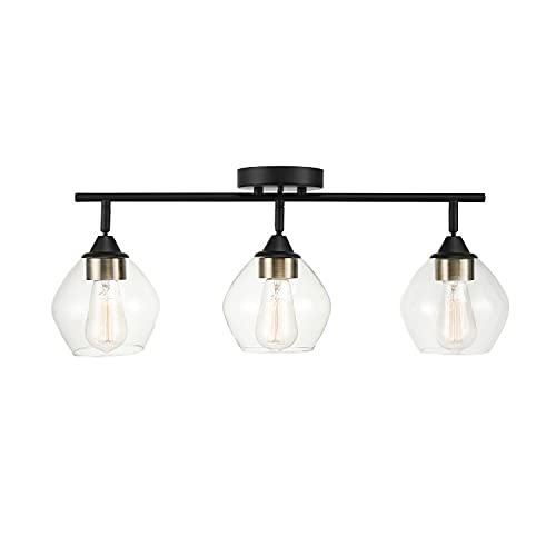 Globe Electric 59619 Harrow 3-Light Track Lighting, Matte Black, Antique Brass Accents, Clear Glass Shades, Bulbs Included