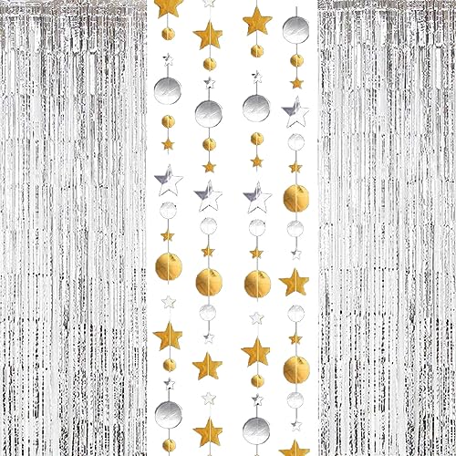 6.6x8.2 Feet Silver Foil Tinsel Fringe Backdrop Curtains with 26.2 Feet Circle Star Paper Garland Door Party Streamer for Birthday Bachelorette Bride Baby Shower Wedding Graduation Party Decorations