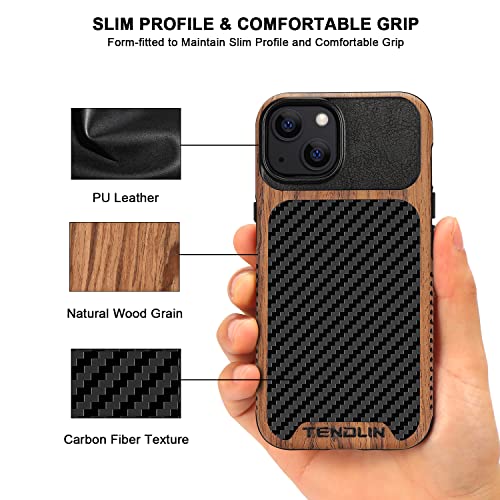 TENDLIN Compatible with iPhone 13 Case Wood Grain with Carbon Fiber Texture Design Leather Hybrid Case Compatible for iPhone 13 6.1-inch Released in 2021 Black