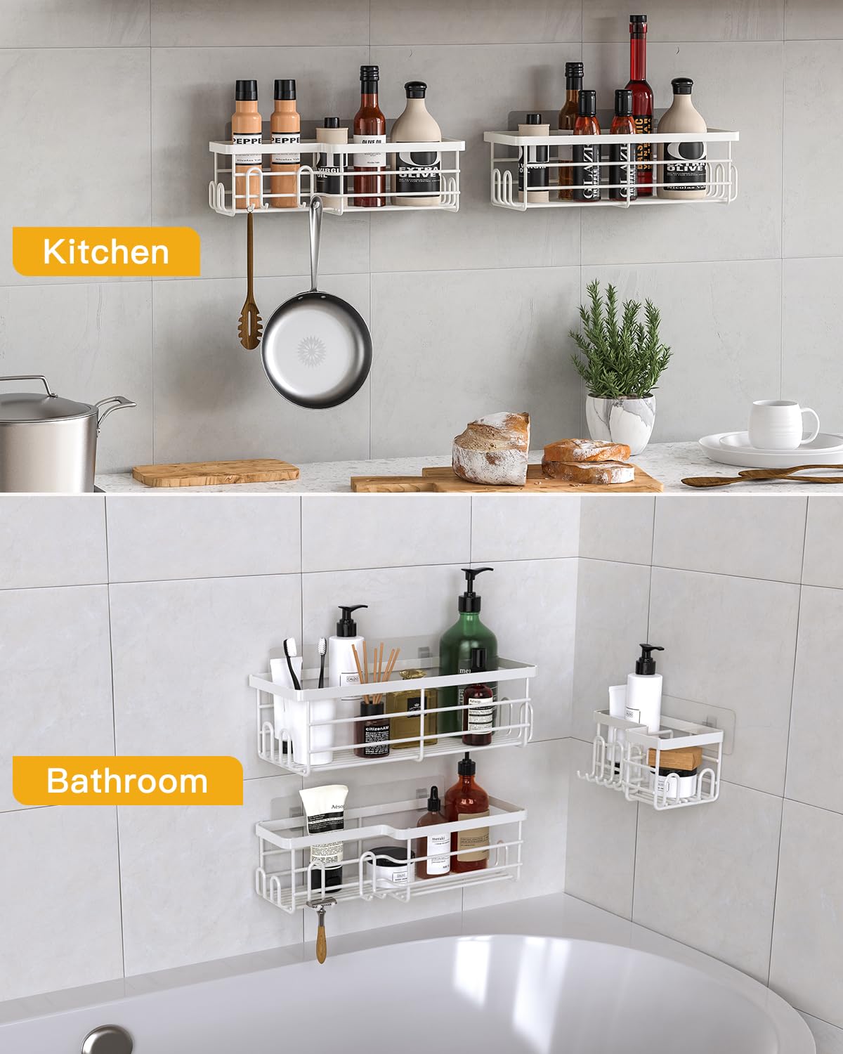 Uamector Shower Caddy Shelves Bathroom Organizer, 2 Pack Adhesive Rustproof Stainless Steel Black Shower Shelf for Inside Shower, No Drilling Wall Mount Shower Organizer Storage for Kitchen