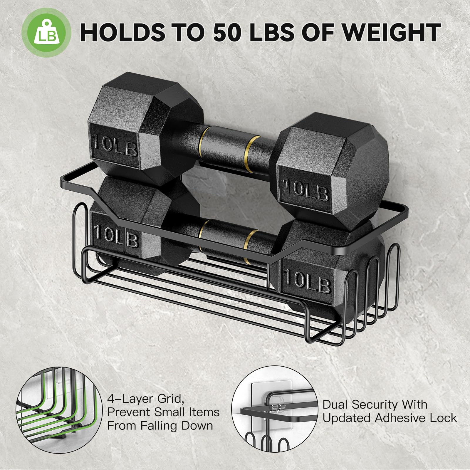 Uamector Shower Caddy Shelves Bathroom Organizer, 2 Pack Adhesive Rustproof Stainless Steel Black Shower Shelf for Inside Shower, No Drilling Wall Mount Shower Organizer Storage for Kitchen