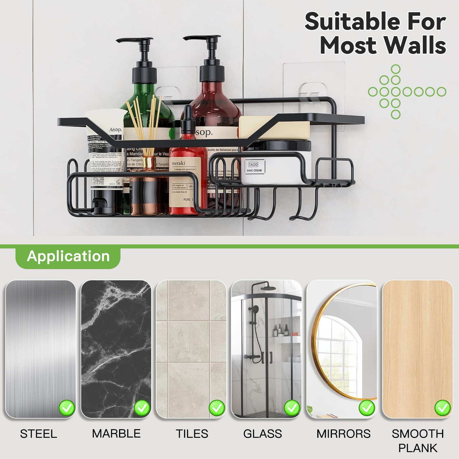 Uamector Shower Caddy Shelves Bathroom Organizer, 2 Pack Adhesive Rustproof Stainless Steel Black Shower Shelf for Inside Shower, No Drilling Wall Mount Shower Organizer Storage for Kitchen