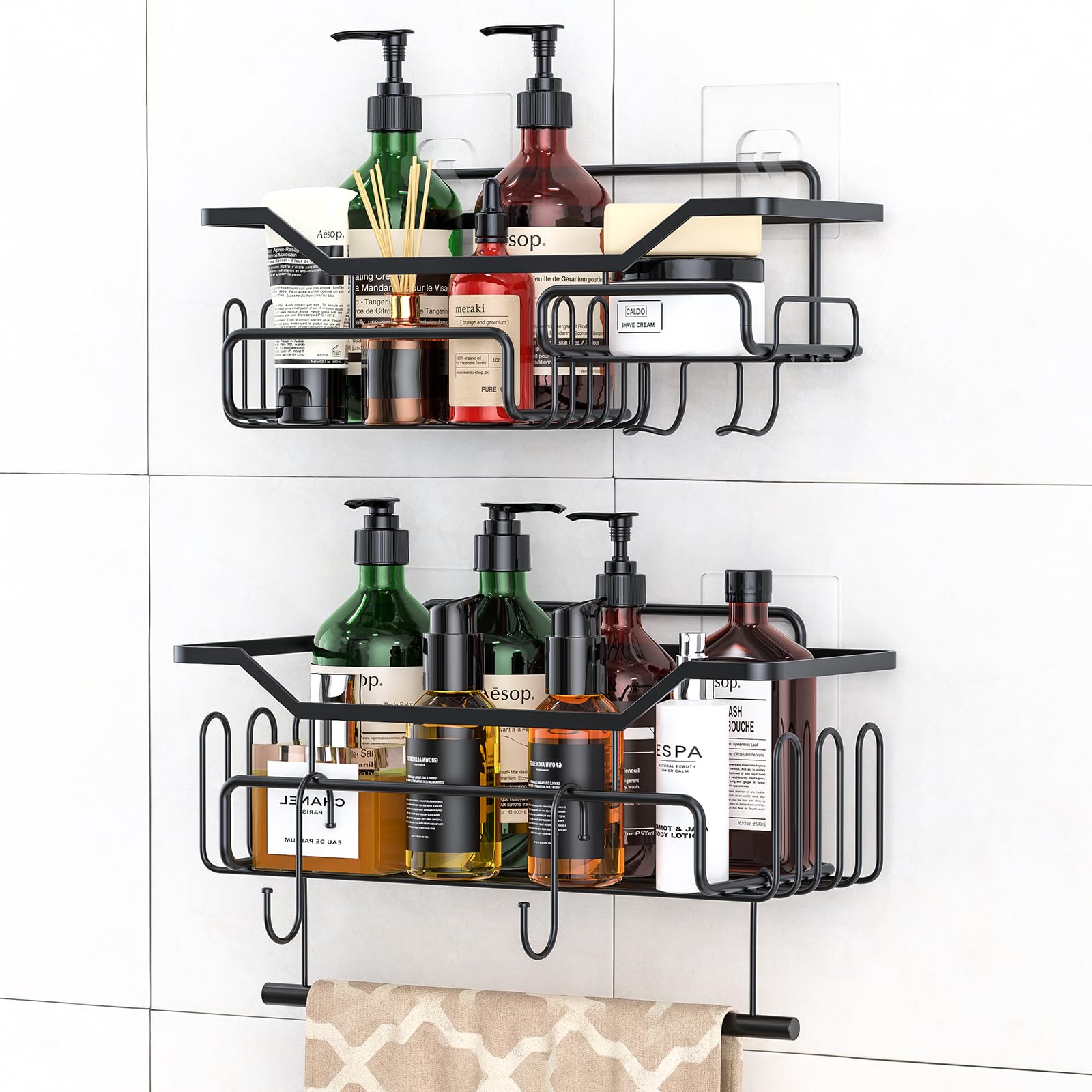Uamector Shower Caddy Shelves Bathroom Organizer, 2 Pack Adhesive Rustproof Stainless Steel Black Shower Shelf for Inside Shower, No Drilling Wall Mount Shower Organizer Storage for Kitchen