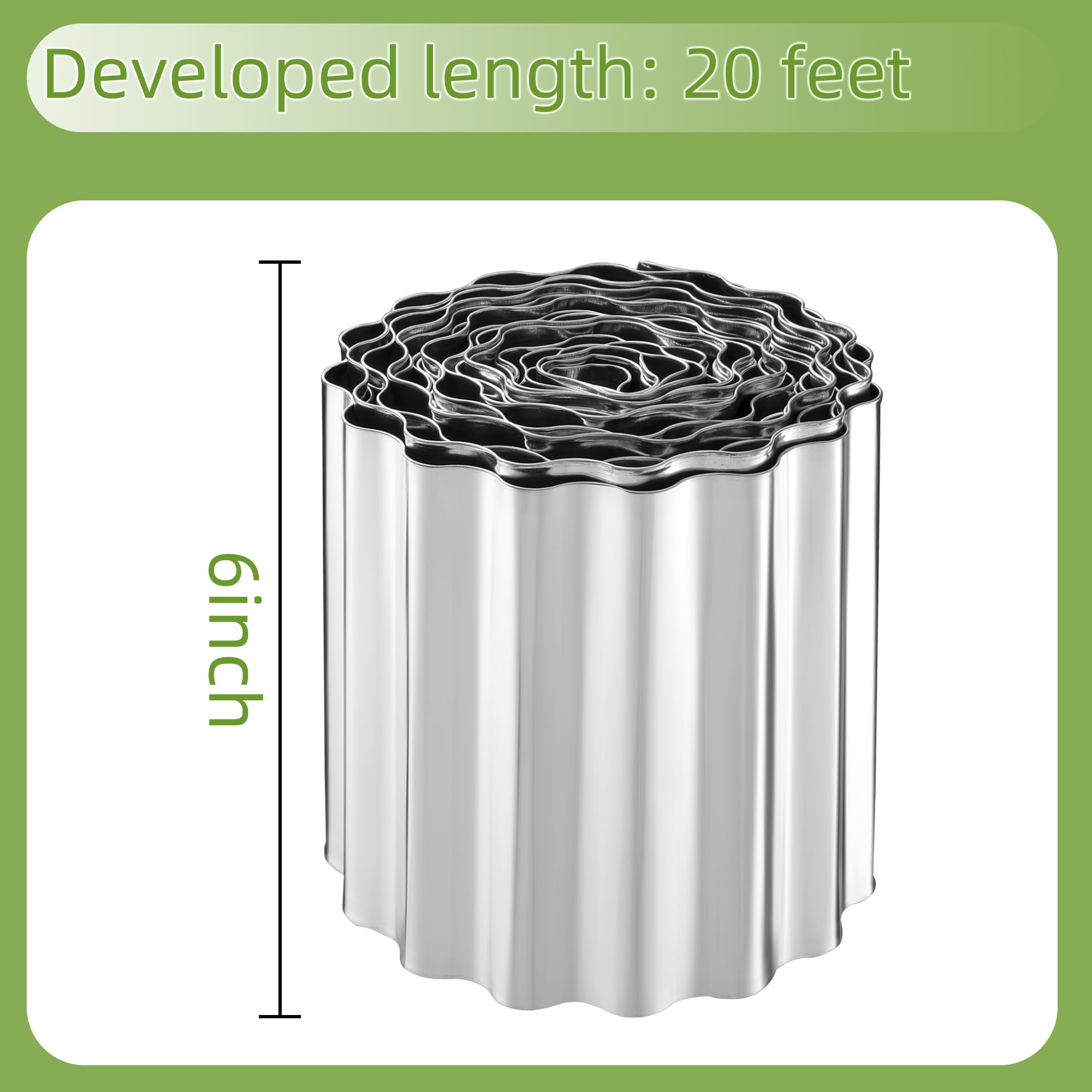 Corrugated Metal Garden Edging, Landscape Edging Border, 6"×20Ft Corrugated Metal Fence for Garden, Flower Bed, Lawn and Landscape Edging (Silver)