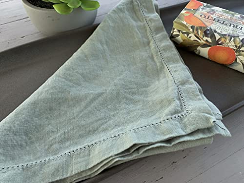 Hemstitched Linen Napkins β 20 Inch x 20 Inch β Stonewashed Pure Linen Cloth Dinner Napkins with Mitered Corners - 100% French Flax β Machine Washable - Set of 4 (Soft Sage Green)