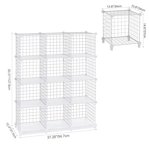 ANWBROAD Wire Cube Storage Organizer 12 Cube Metal Grids Shelves Storage Bins Shelving Stackable Modular Bookshelf Shelf Cubbies Unit Closet Cabinet for Living Room Office White LWT012T