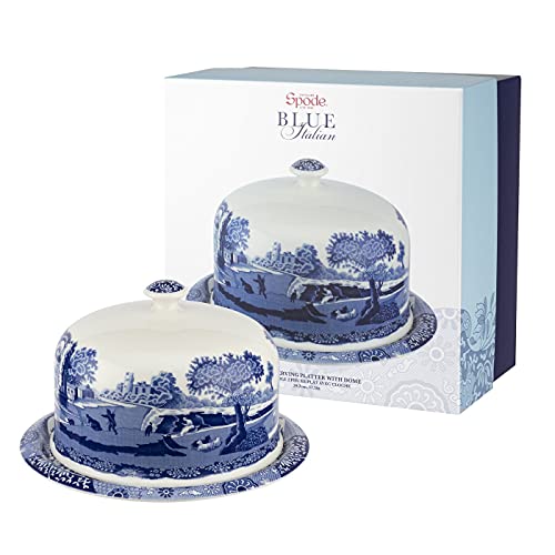 Spode Blue Italian 2 Piece Serving Platter with Dome Cover, Multifunctional Tray for Cake, Pastries, and Cheese, Made of Porcelain, Measures 11.5-Inches, Dishwasher Safe