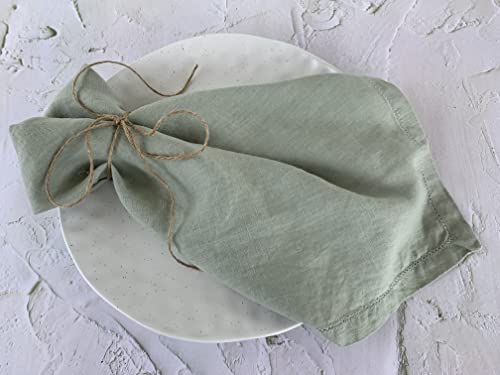 Hemstitched Linen Napkins β 20 Inch x 20 Inch β Stonewashed Pure Linen Cloth Dinner Napkins with Mitered Corners - 100% French Flax β Machine Washable - Set of 4 (Soft Sage Green)