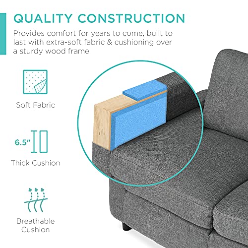 Best Choice Products Linen Sectional Sofa for Home, Apartment, Dorm, Bonus Room, Compact Spaces w/Chaise Lounge, 3-Seat, L-Shape Design, Reversible Ottoman Bench, 680lb Capacity - Gray