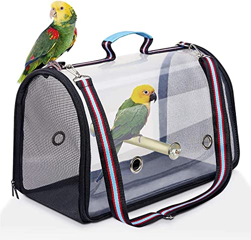 SinHuo Bird Carrier for Parrot Travel Cage Bag Carriers, Lightweight Transparent Breathable Portable Outdoor Birdcages Bird Bag for Budgies, Small Bird Cages with Wood Stand (Blue)
