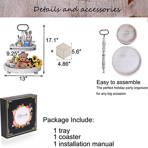SWT8CAI 2 Tier Tray Rustic Cake Stand Farmhouse Kitchen Decor Centerpiece,Farmhouse 2 Tier Serving Tray for Coffee Bar w/Handle&1 Coaster