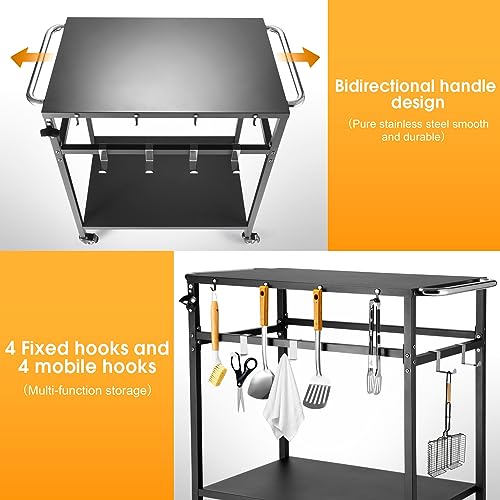Outdoor Grill Table with Storage for Patio,Double-Shelf Movable Kitchen Cart Island Table on Wheels,20" x 30" Multifunctional Commercial Kitchen BBQ Food Prep Worktable for Grill (Double Layer Black)