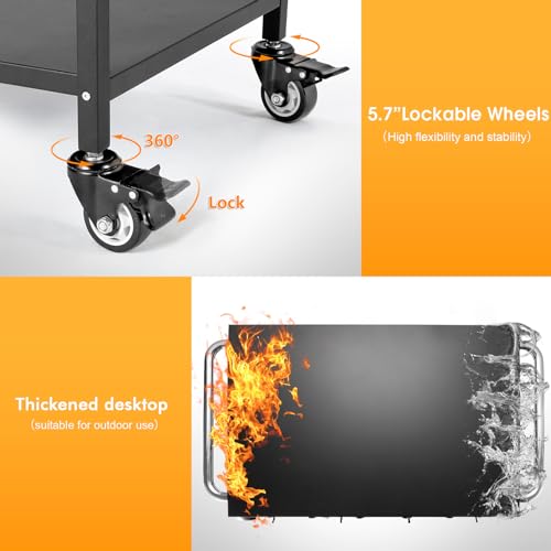 Outdoor Grill Table with Storage for Patio,Double-Shelf Movable Kitchen Cart Island Table on Wheels,20" x 30" Multifunctional Commercial Kitchen BBQ Food Prep Worktable for Grill (Double Layer Black)