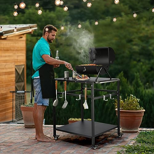 Outdoor Grill Table with Storage for Patio,Double-Shelf Movable Kitchen Cart Island Table on Wheels,20" x 30" Multifunctional Commercial Kitchen BBQ Food Prep Worktable for Grill (Double Layer Black)