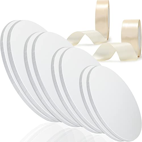 8 Pieces Cake Drums Round Sturdy White Cake Drum with 2 Pieces Satin Cake Ribbon for Heavy or Multi-Tiered Cakes (6, 8, 10, 12 Inch)